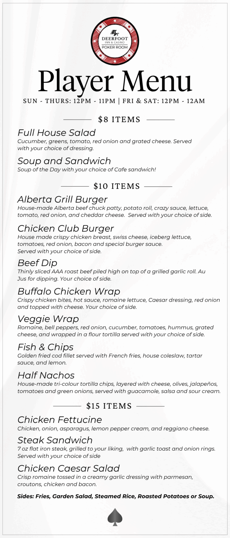 Player Menu in the Poker Room - Deerfoot Inn & Casino